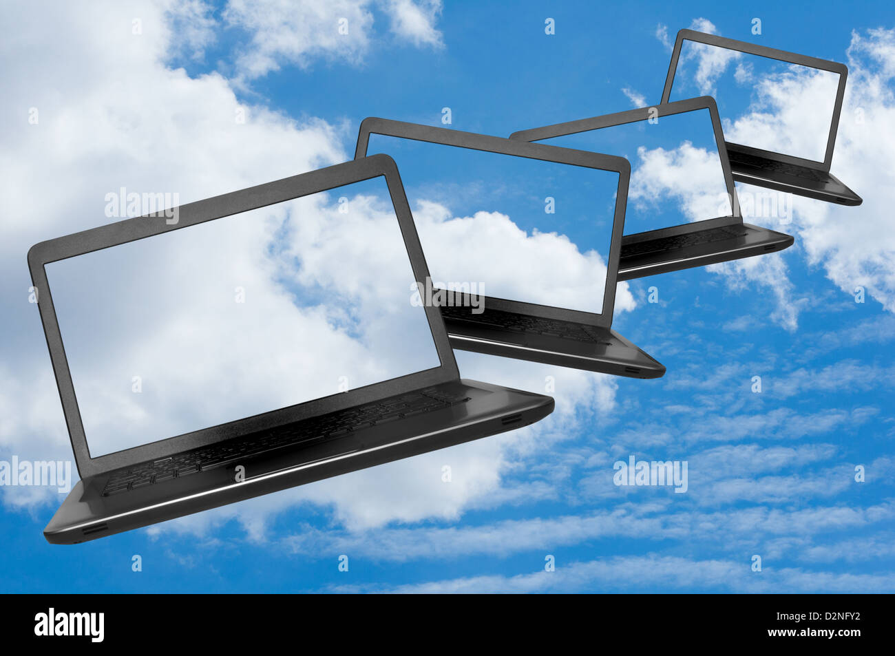 Cloud Computing - Flying Notebooks on Summer blue sky with clouds Stock ...
