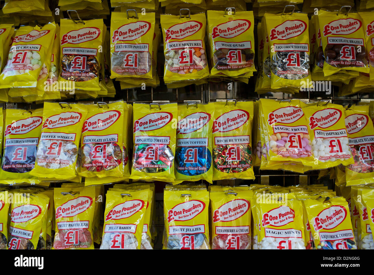 One Pound bags of sweets at the seaside, UK Stock Photo - Alamy