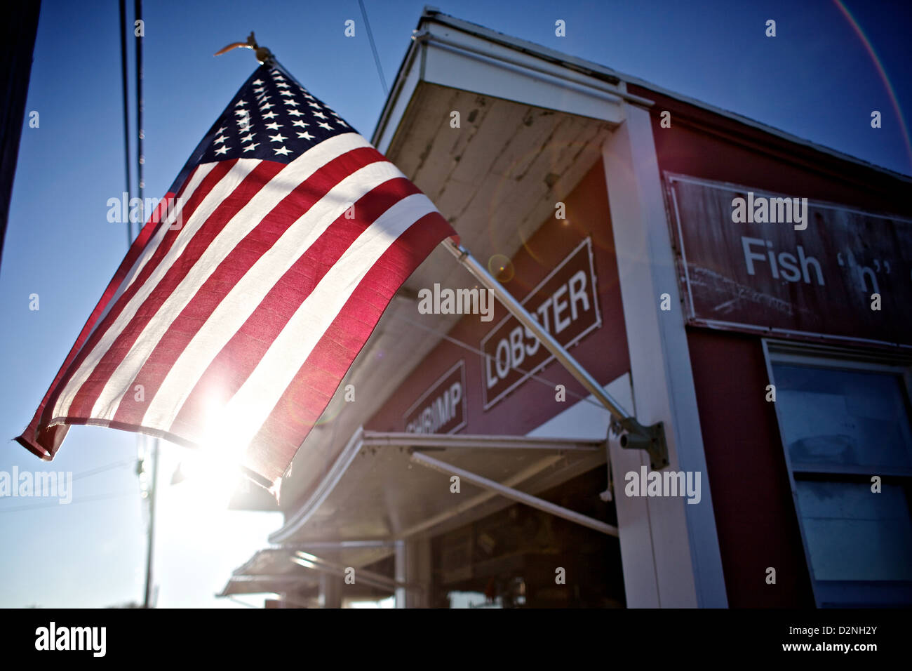 The American flag hangs from a seafood shack in Montauk, New York Stock ...