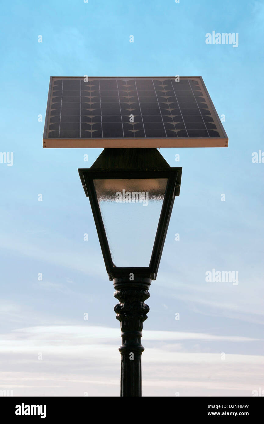 Solar panel cell powered street lamp on a blue sky background Stock ...