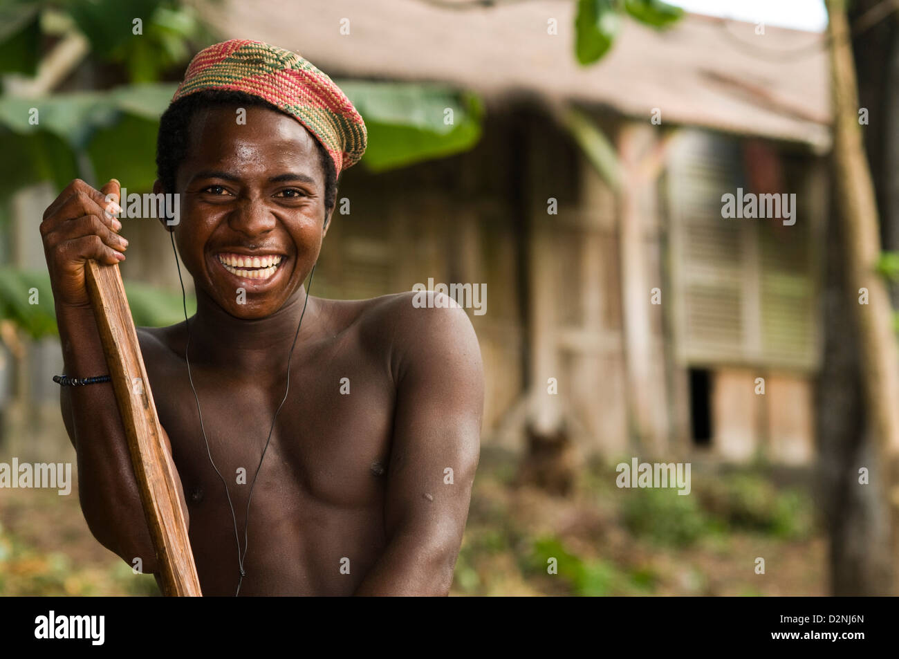 gardener in front of colonial house, fort dauphin (taolagnaro ...
