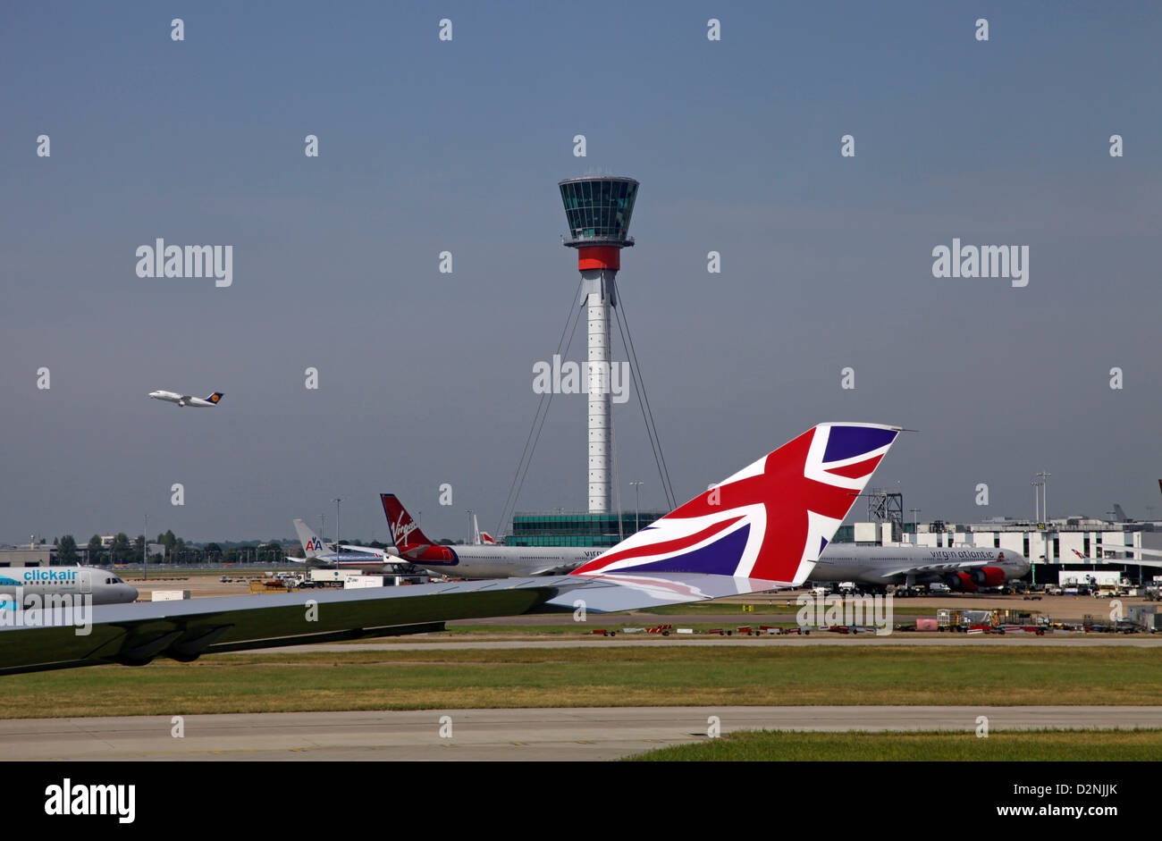 London Heathrow Airport view from a window of Virgin Atlantic A340 ...