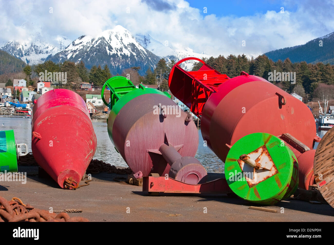 Red and green channel marker buoys stored as the US Coast Guard station ...