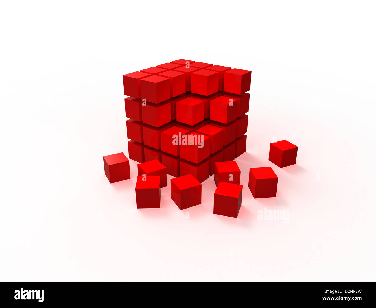 4x4 red disordered cube assembling from blocks isolated on white ...