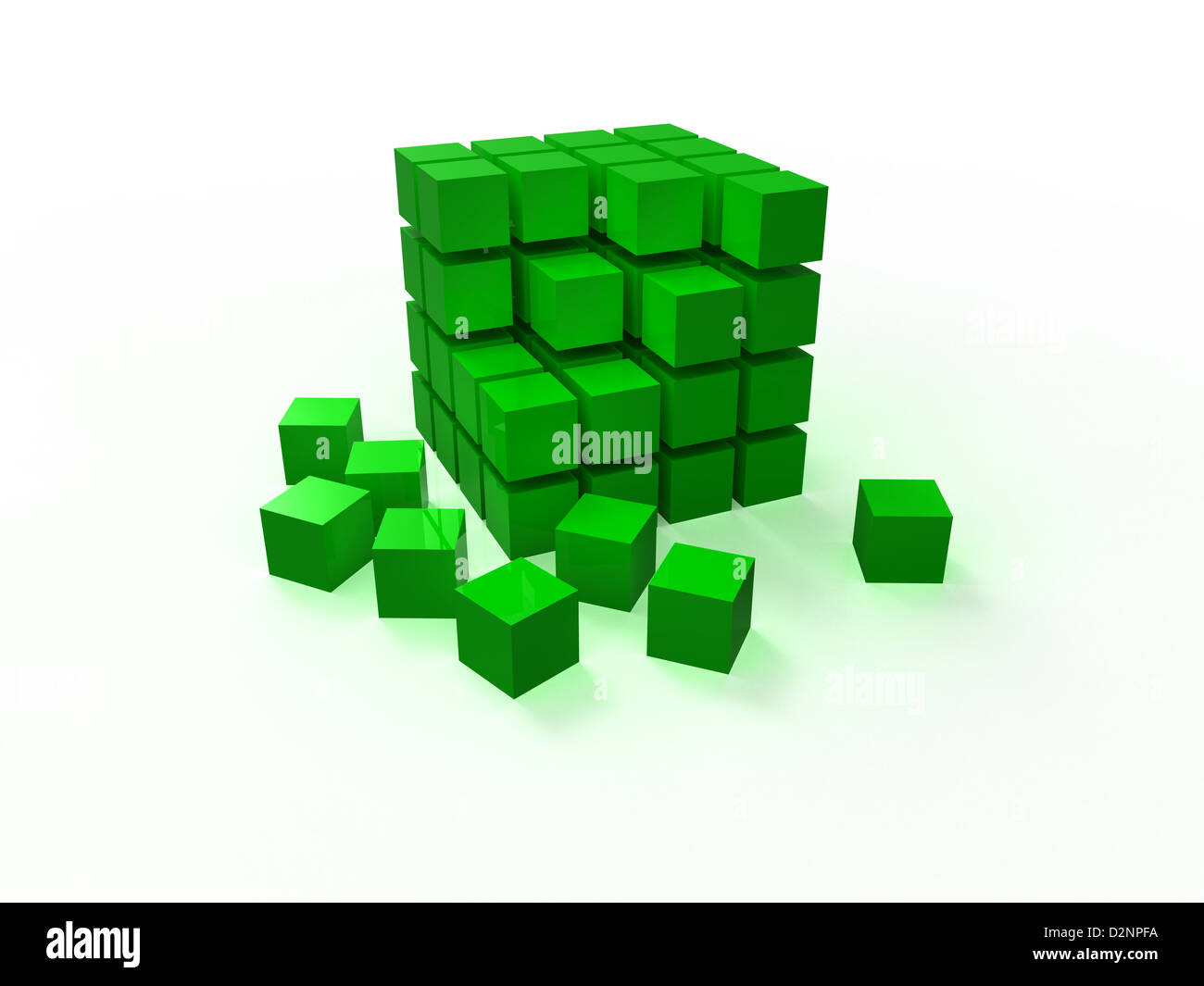 4x4 green disordered cube assembling from blocks isolated on white ...