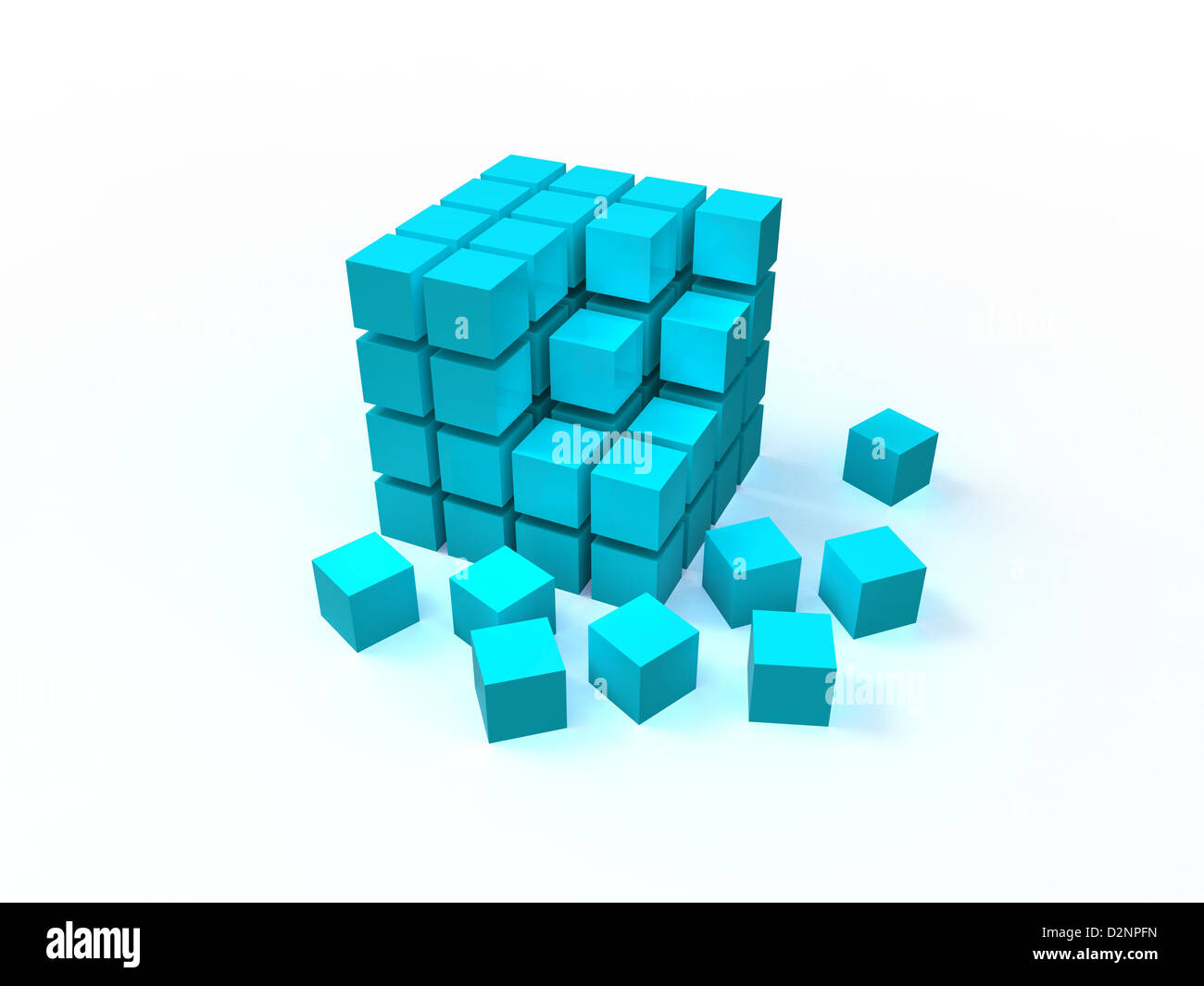 4x4 Blue Disordered Cube Assembling From Blocks Isolated On White