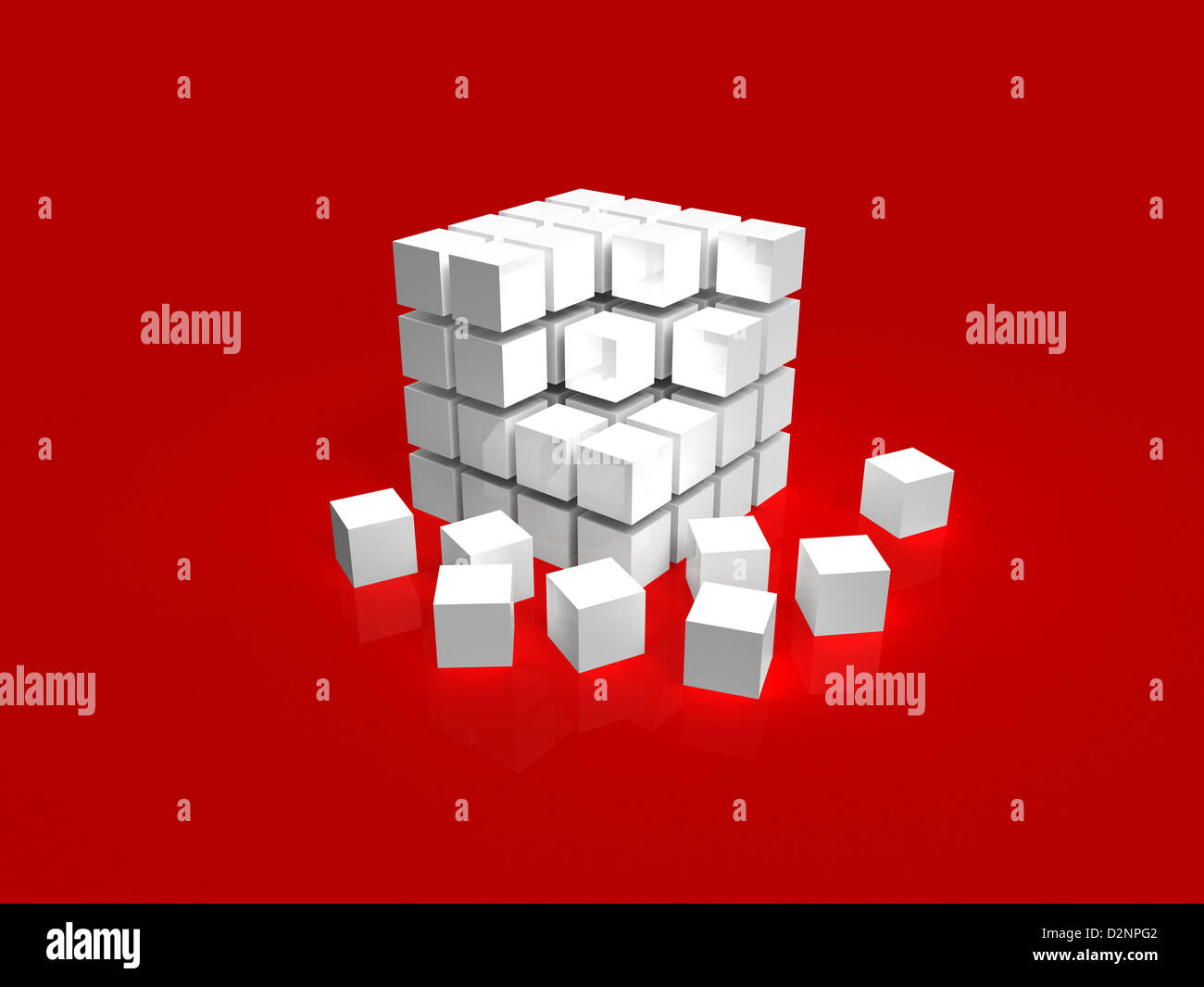 4x4 white disordered cube assembling from blocks on red background ...