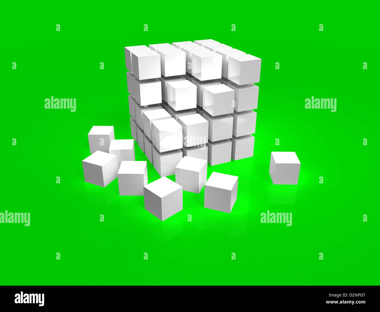 4x4 White Disordered Cube Assembling From Blocks On Green Background