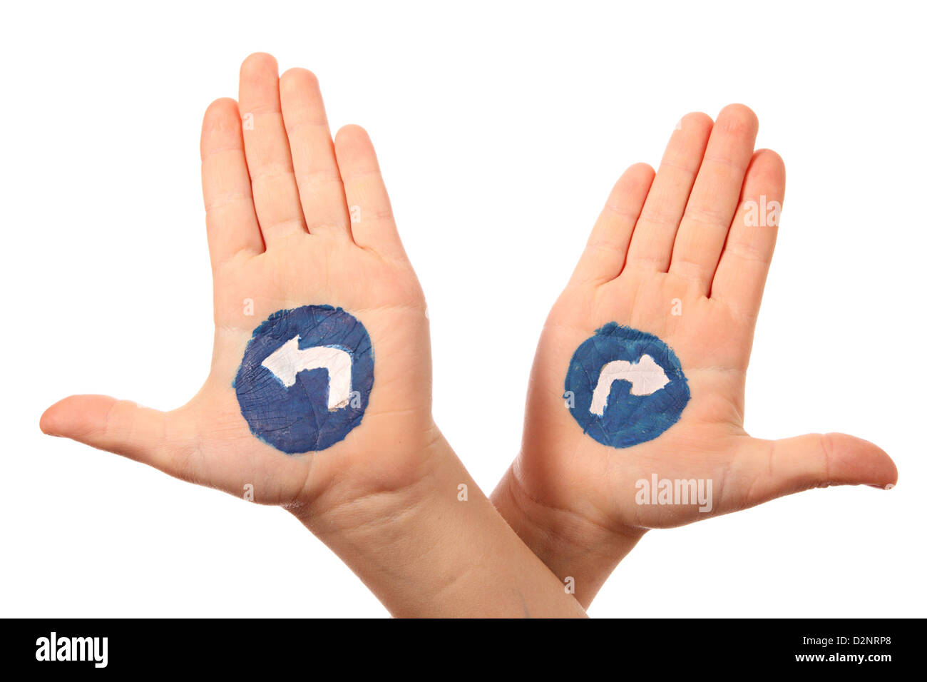 Hands with the drawn traffic signs as a designator of directing Stock ...