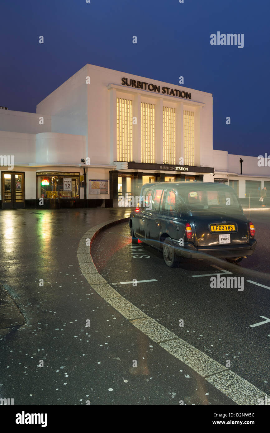 Surbiton Station art deco facade at night,Kingston upon Thames,England ...