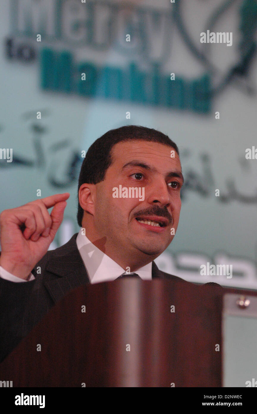 Amr Khaled, popular Egyptian Islamic TV preacher, at a press conference ...