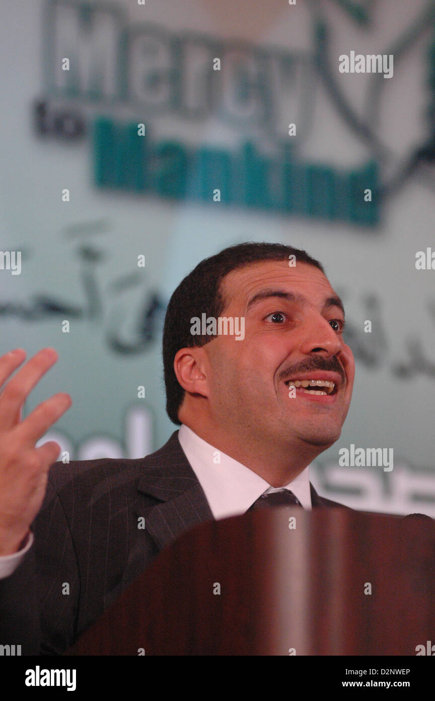 Amr Khaled, popular Egyptian Islamic TV preacher, at a press conference in Cairo to address the ...