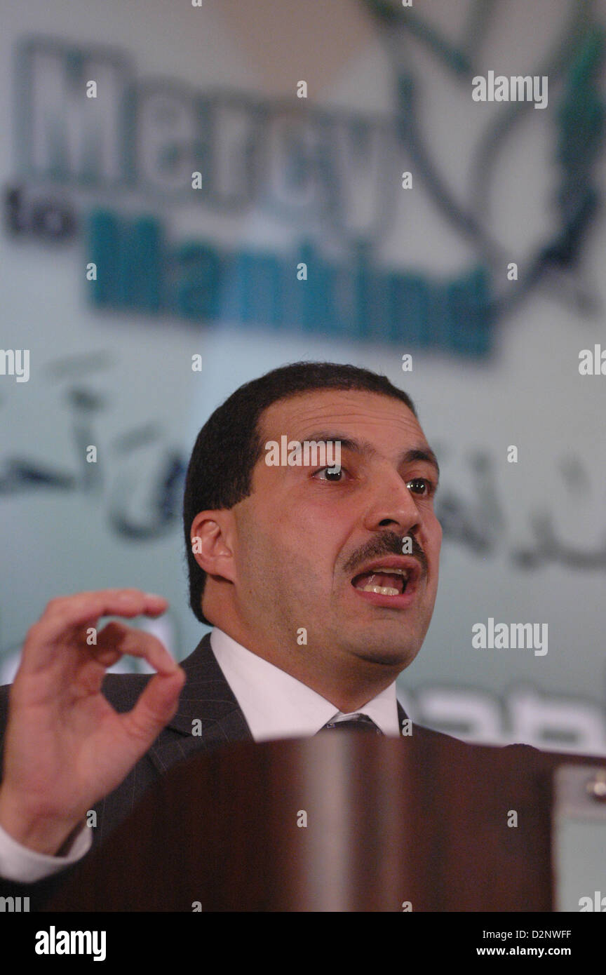 Amr Khaled, popular Egyptian Islamic TV preacher, at a press conference in Cairo to address the ...