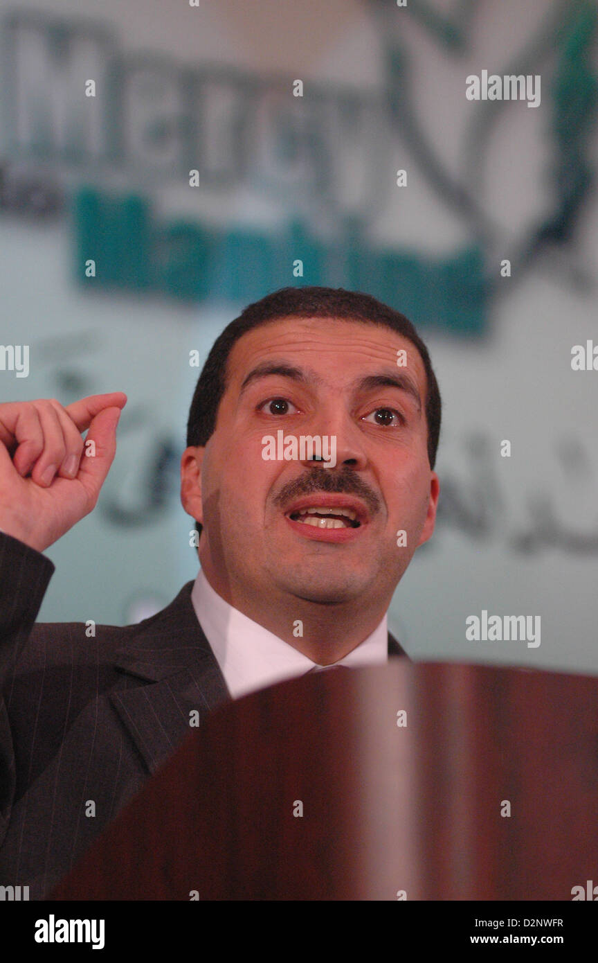 Amr Khaled, popular Egyptian Islamic TV preacher, at a press conference ...