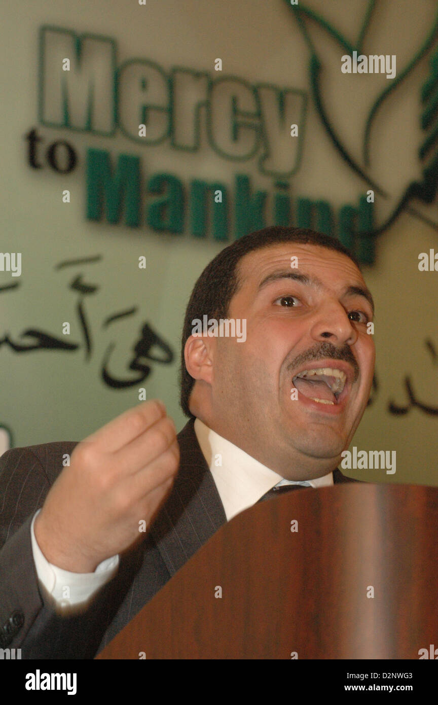 Amr Khaled, popular Egyptian Islamic TV preacher, at a press conference ...