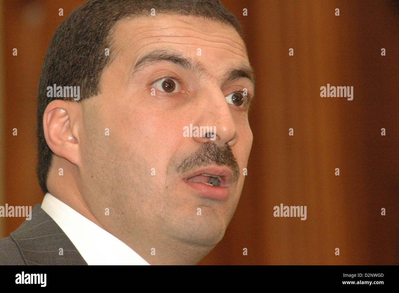 Amr Khaled, popular Egyptian Islamic TV preacher, at a press conference in Cairo to address the ...