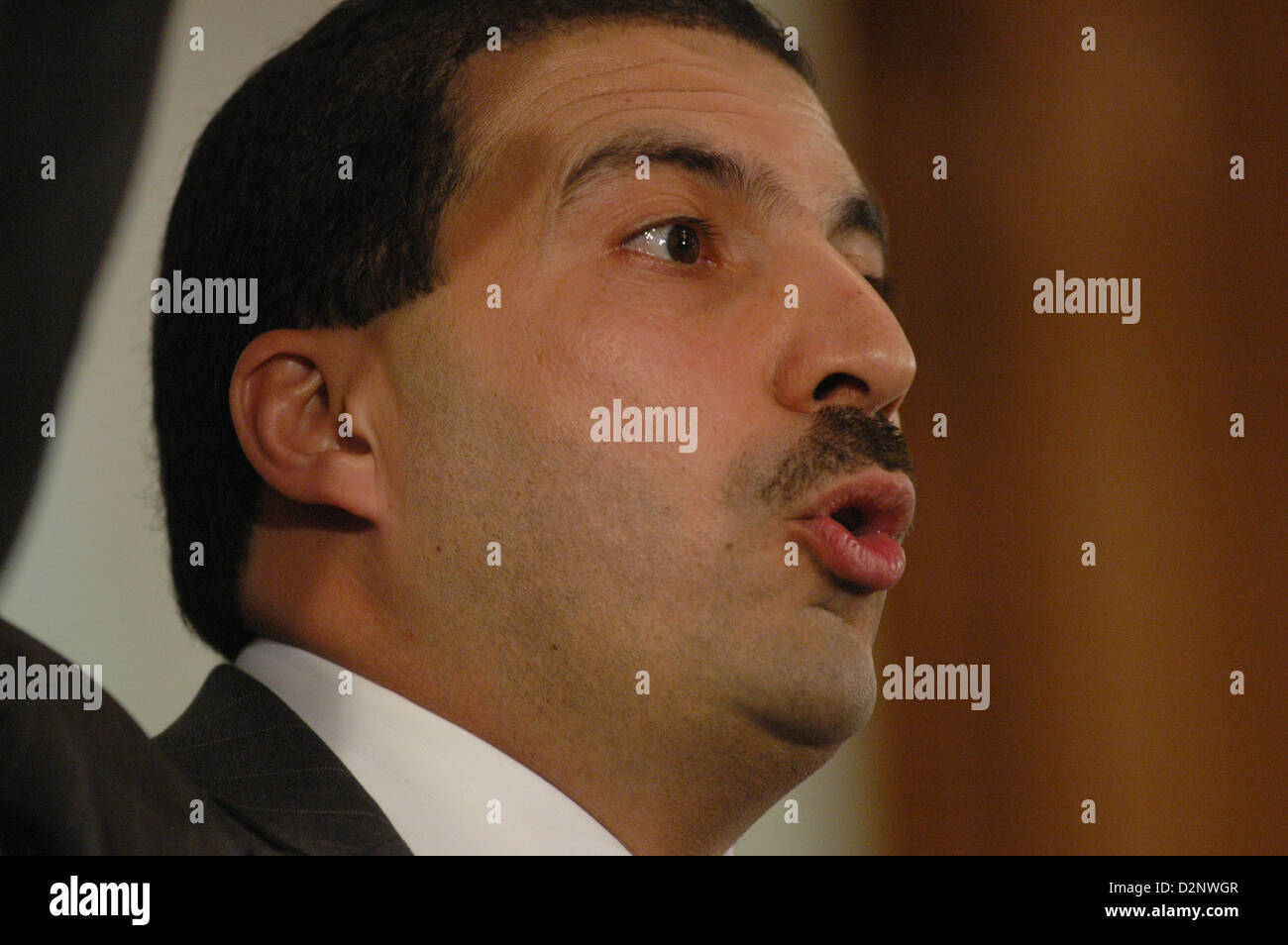 Amr Khaled, popular Egyptian Islamic TV preacher, at a press conference ...