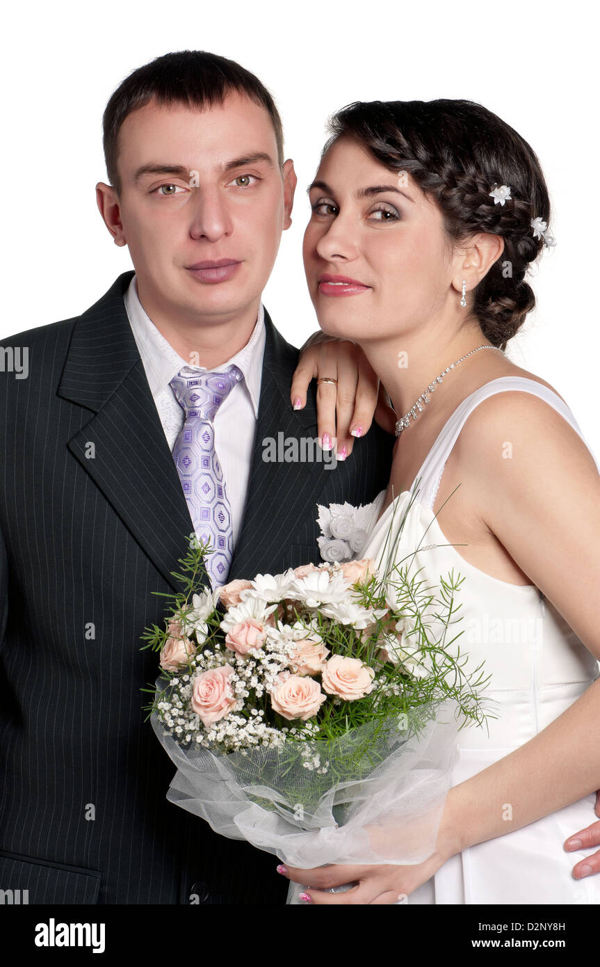 Portrait of happy bride and groom on white background Stock Photo - Alamy