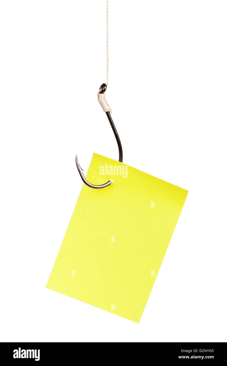 Fish hook with blank note paper isolated on white background Stock ...