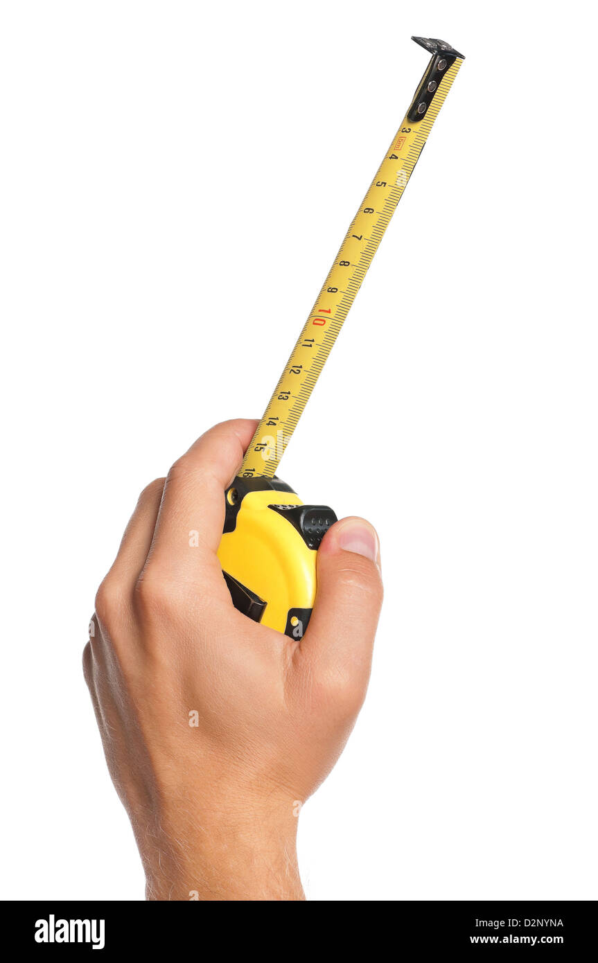 Man hand with tape measure isolated on white background Stock Photo - Alamy