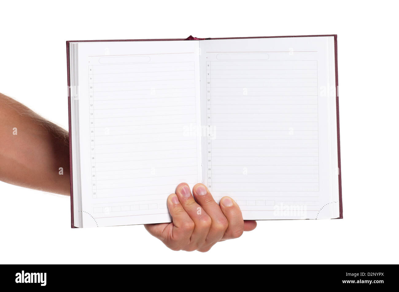 Man hand with a notebook isolated on white background Stock Photo - Alamy
