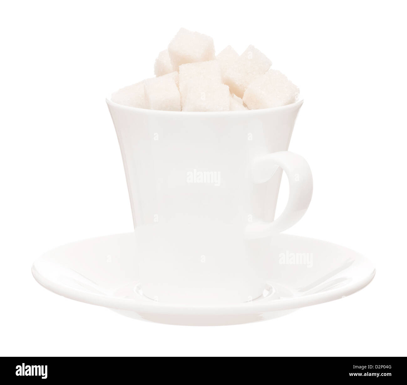 Small white cup with saucer and lump sugar isolated on white background ...