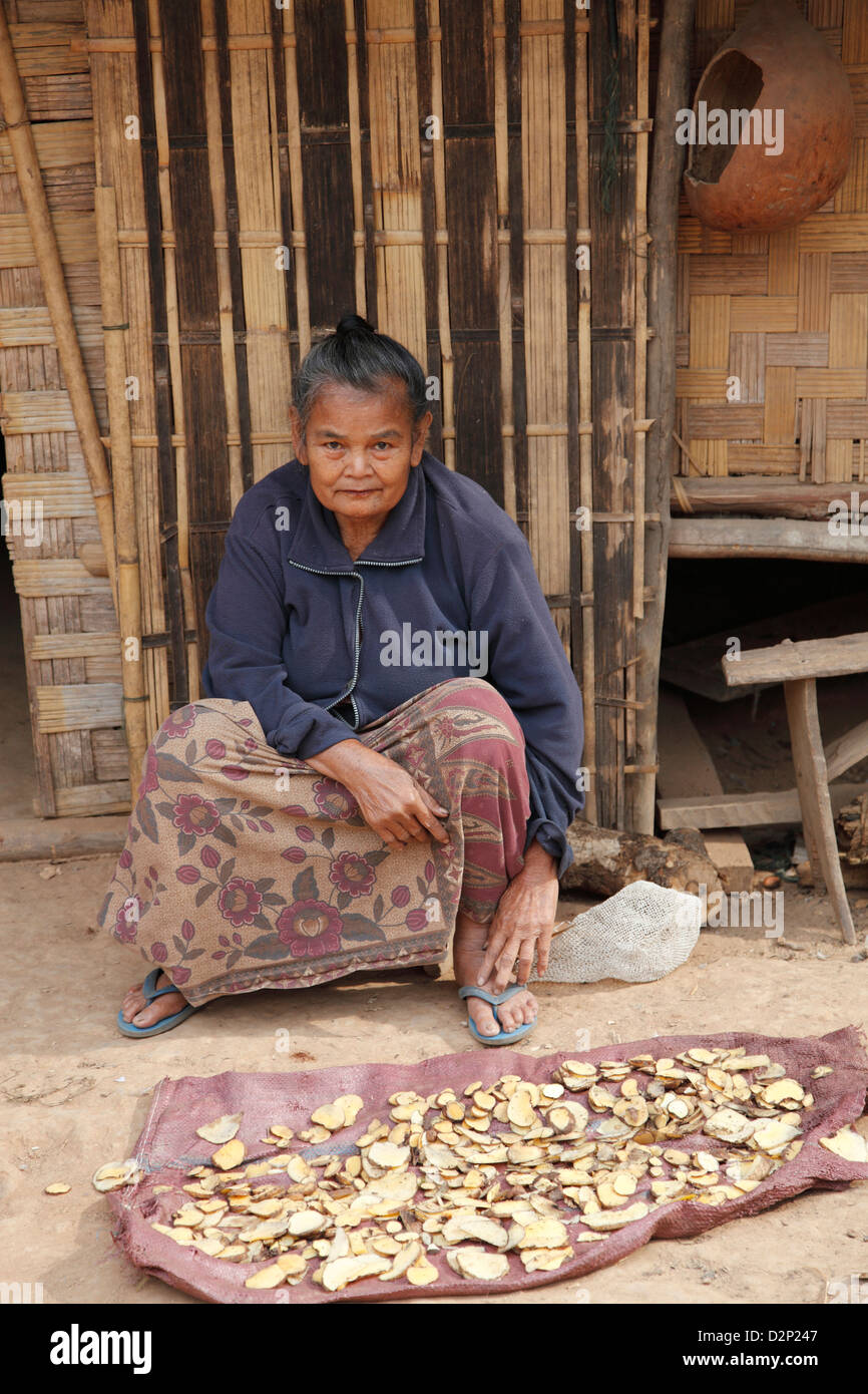 Old lady sitting in front of a stilt house in a village but the Ou ...