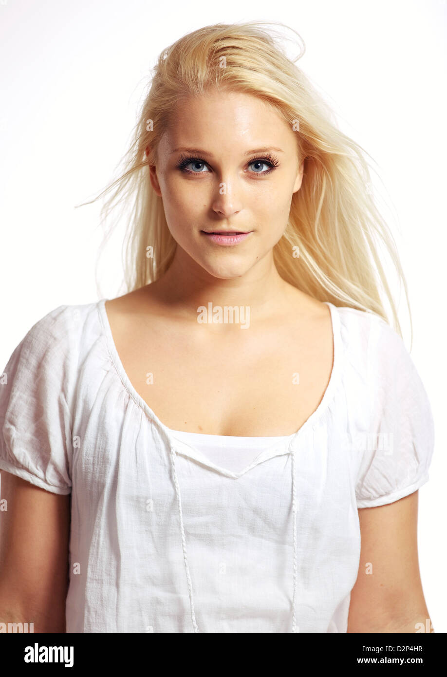 Portrait of innocent looking woman with natural beauty isolated on ...