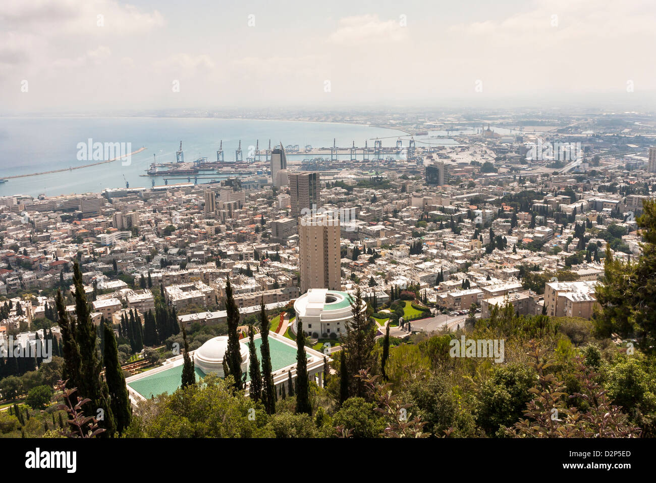 City view of Haifa and its harbor seen from the Bahai Gardens on Mt ...