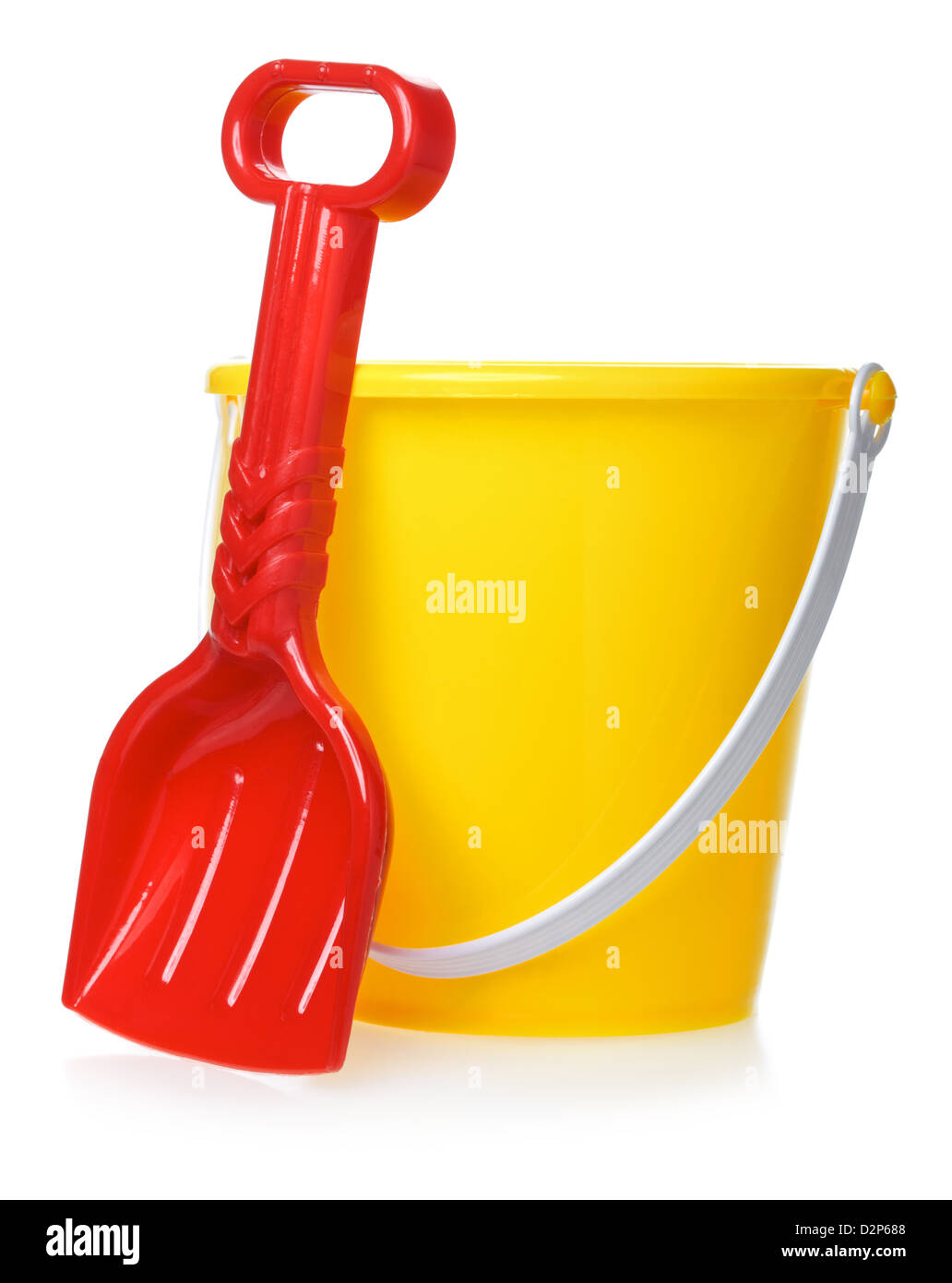 yellow toy bucket and red scoop, isolated on white Stock Photo - Alamy