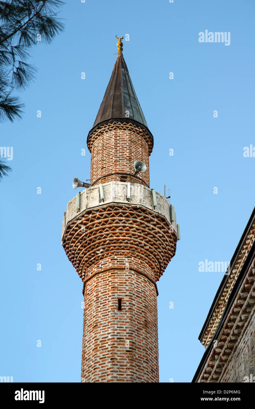 brick minaret with loudspeakers in the castle of Alanya, southern ...