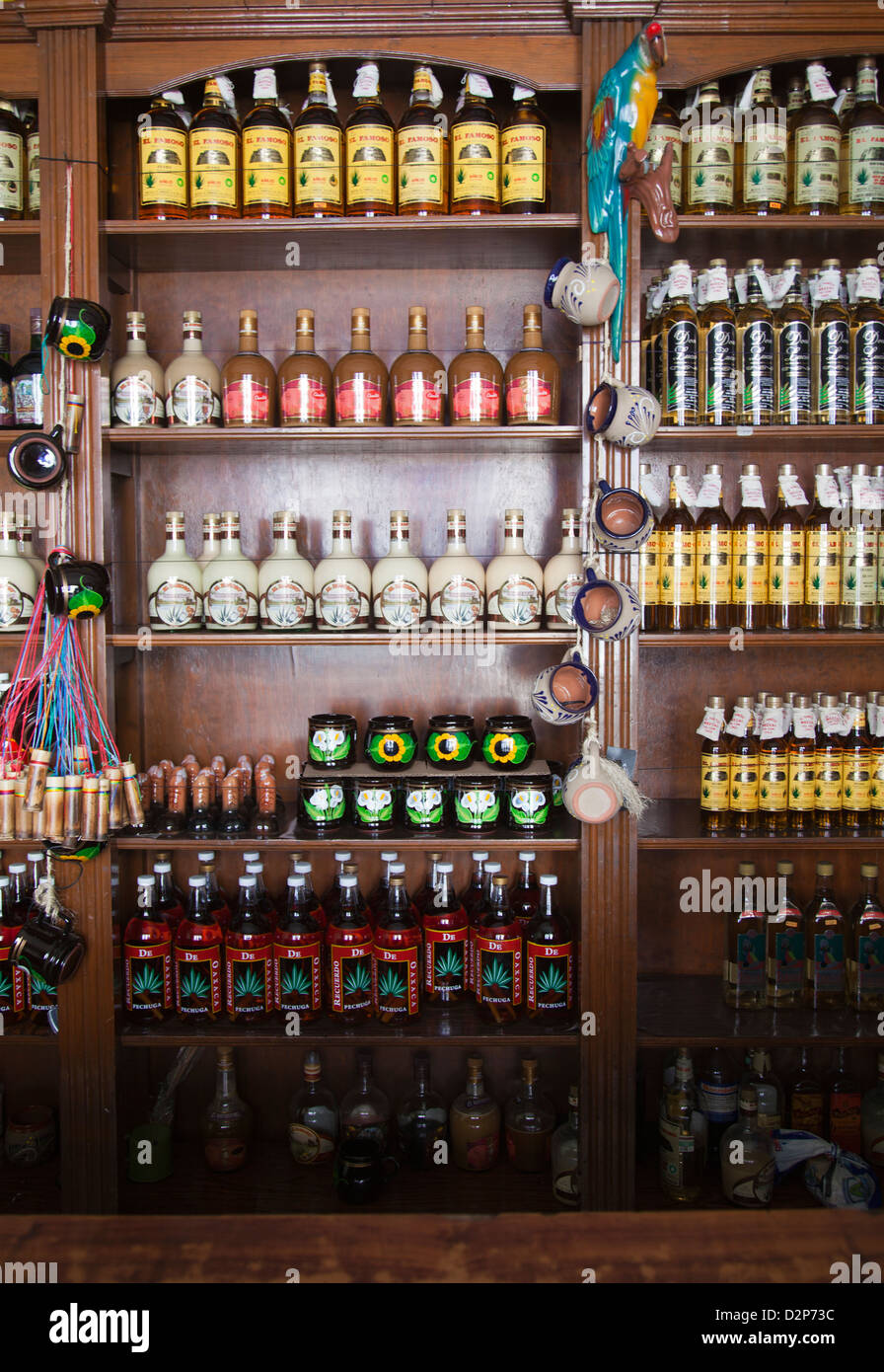 Alcohol including Mezcal n Shelves in Store in Oaxaca - Mexico Stock ...