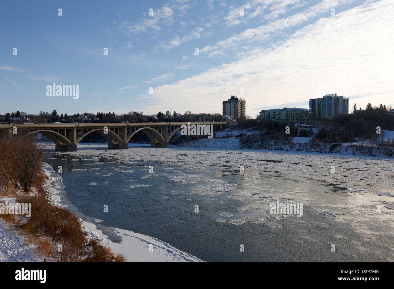 large chunks of floating ice on the south saskatchewan river in winter ...