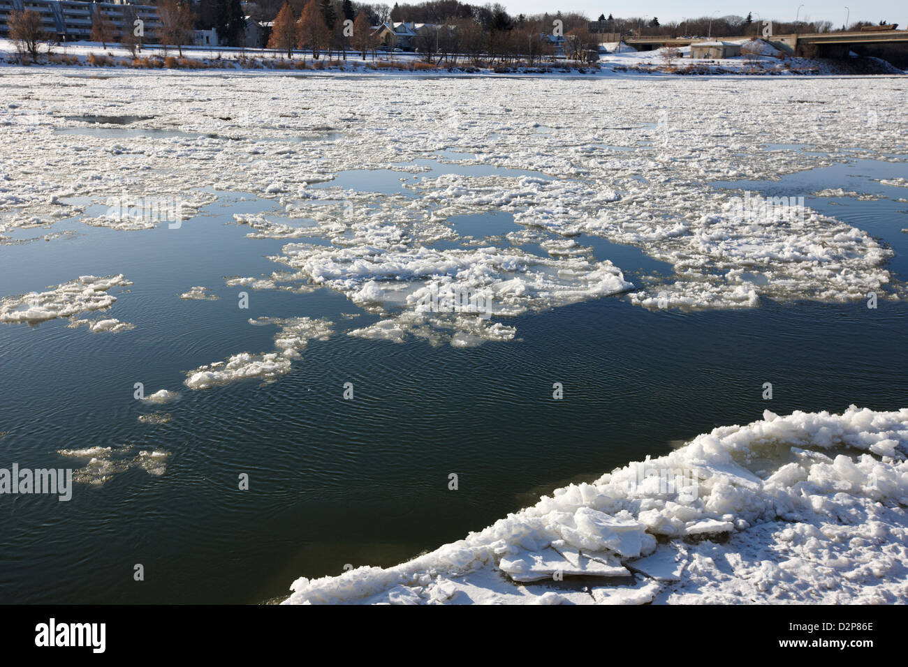 large chunks of floating ice on the south saskatchewan river freezing ...