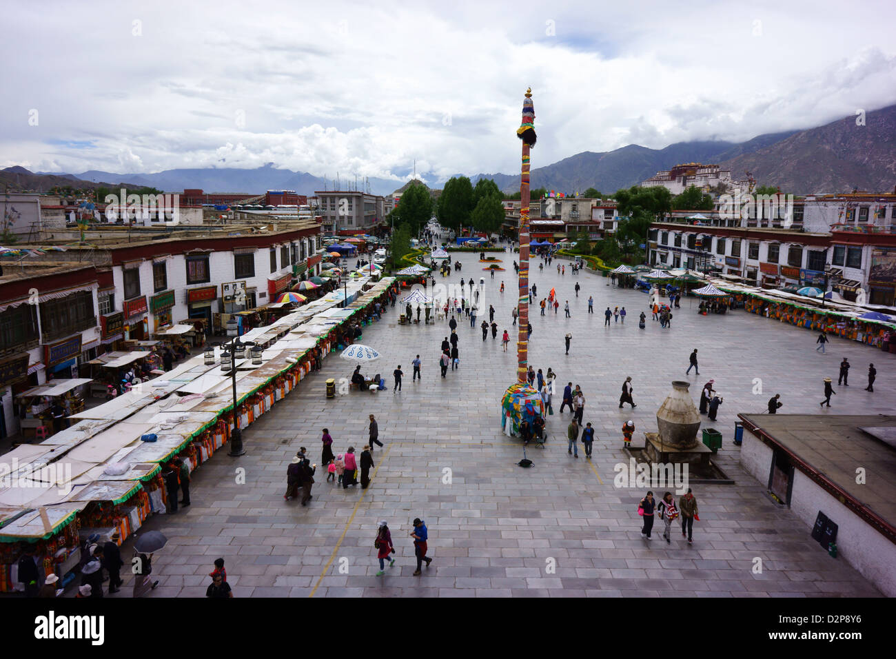 Barkhor square seen from Jokhang temple, far left Potala, old town ...