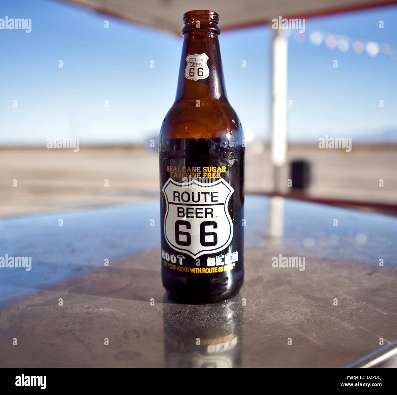 ROUTE 66 ROOT BEER on a table outside Roy's diner in Amboy, California ...