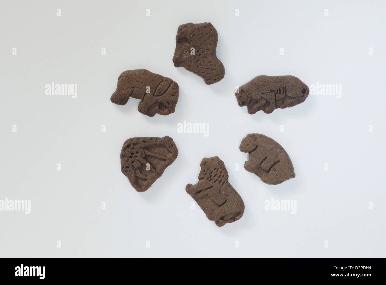 Chocolate Animal Shaped cookies on white background with shadows ...