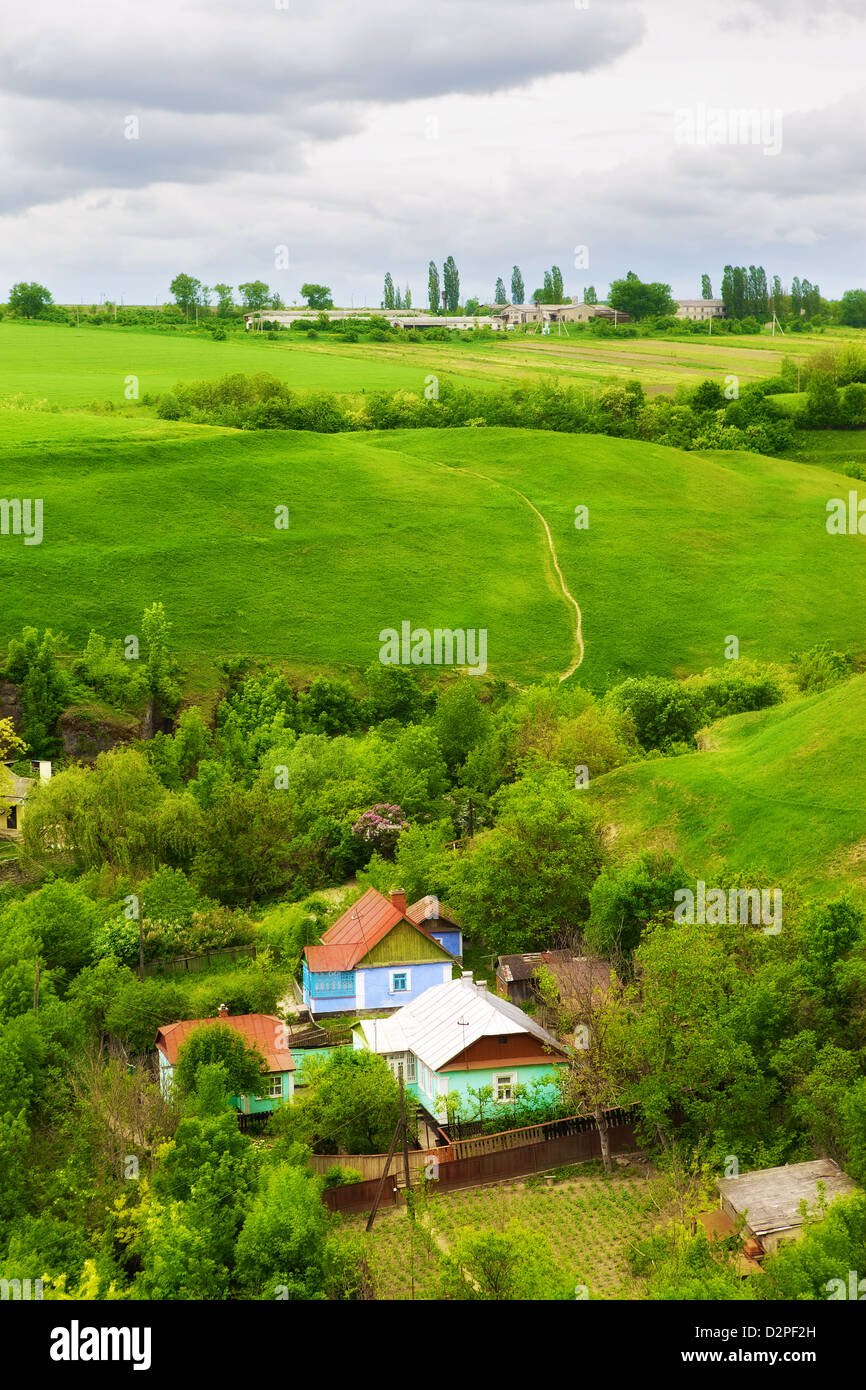 landscape with farm and green meadow, high angle view Stock Photo - Alamy