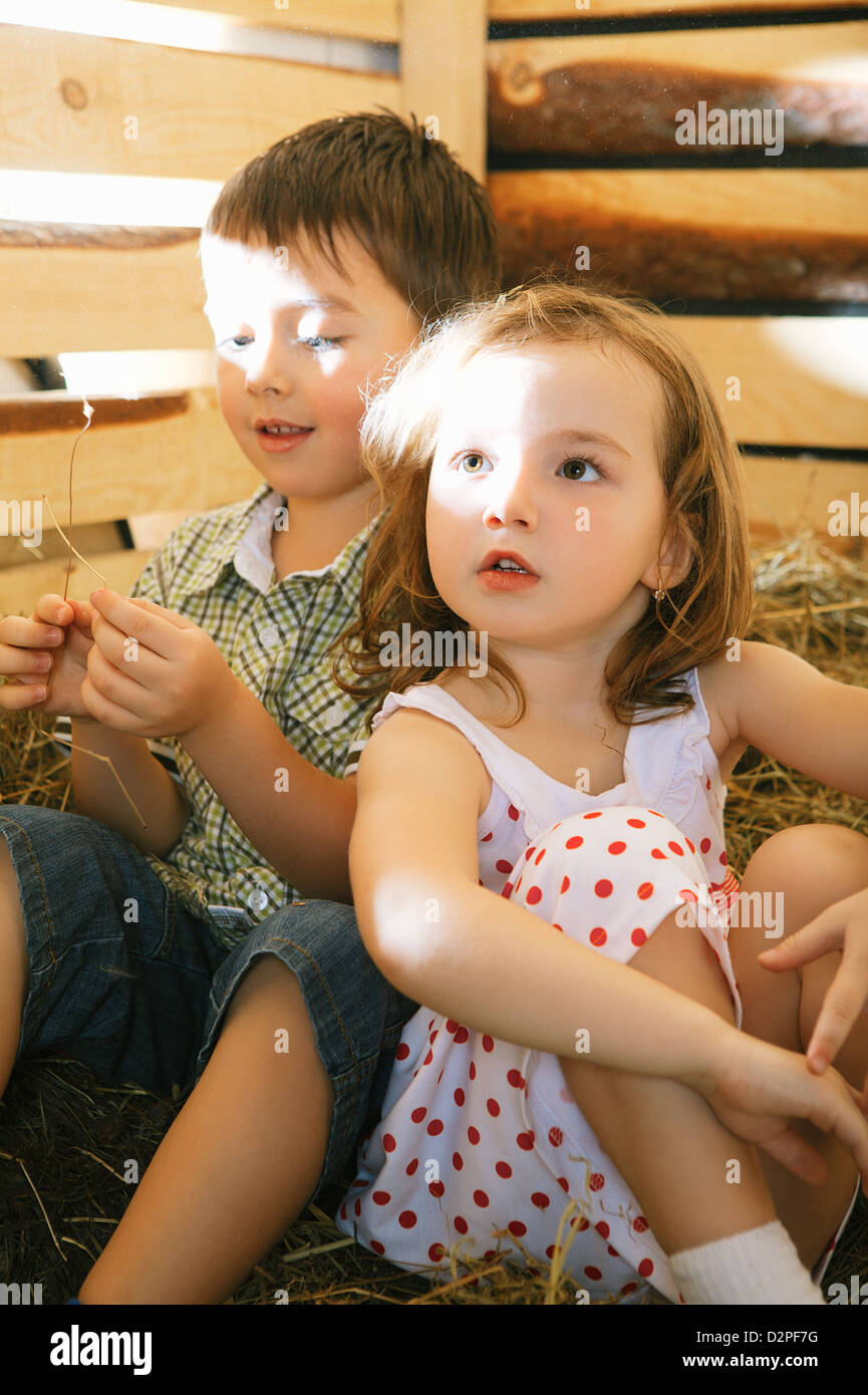 beautiful children on hayloft at sunny day Stock Photo - Alamy