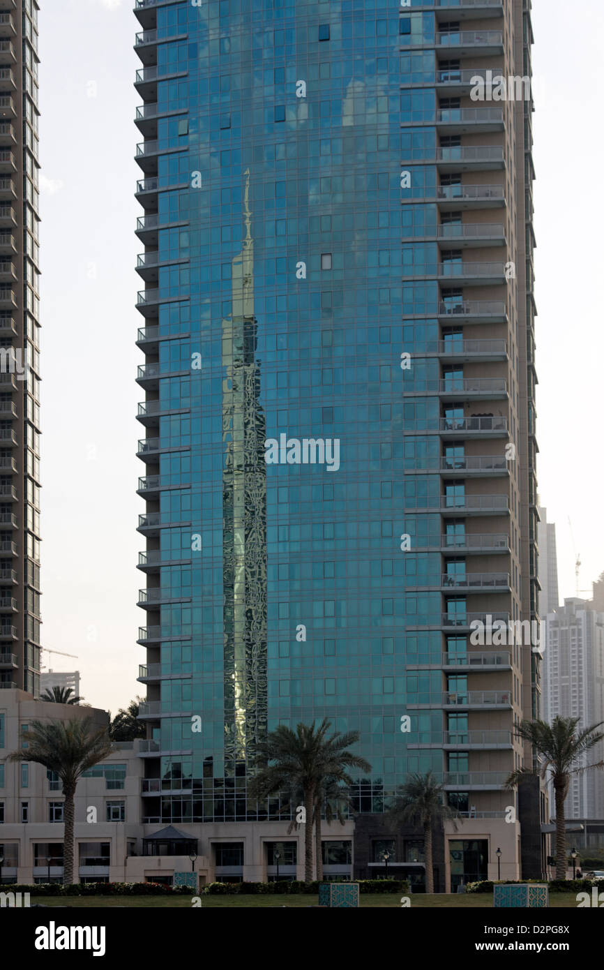 The Address Downtown Dubai - hotel and residential tower reflected in a ...