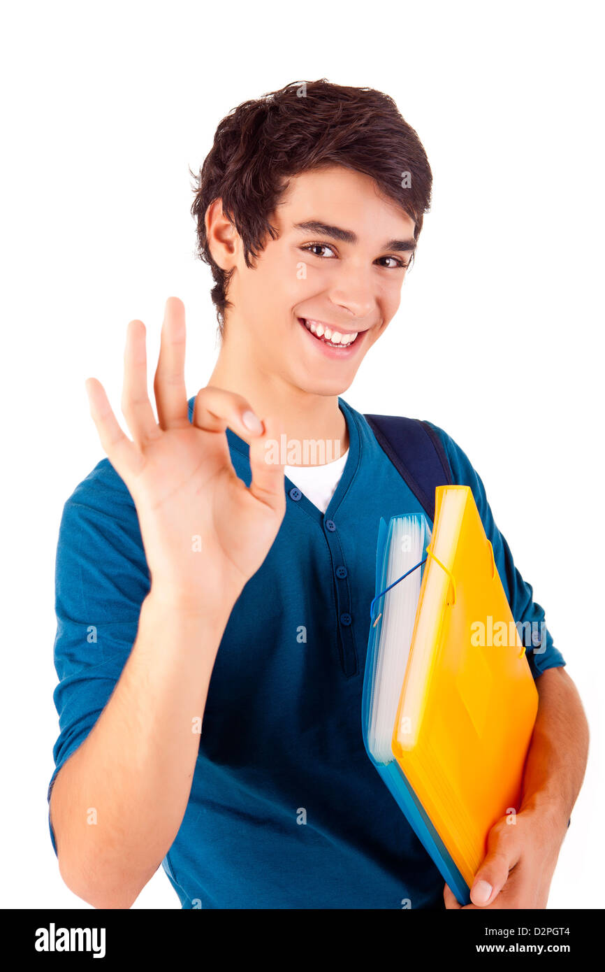Young happy student showing Ok sign on white background Stock Photo - Alamy