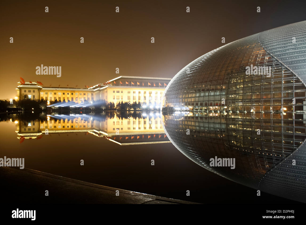 Beijing Opera House, building by Norman Foster, illuminated at night ...