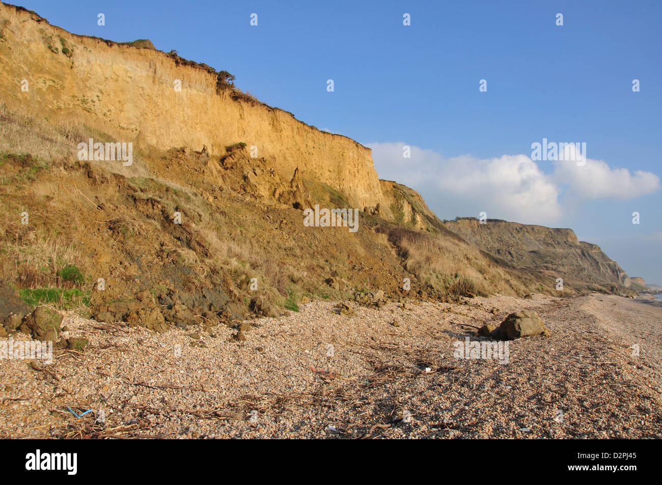 A view of the beach at Eype, with a large landslip UK Stock Photo - Alamy