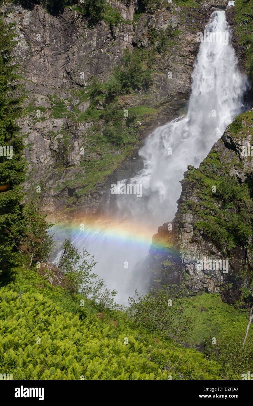 A waterfall and rainbow between Stalheim and Gudvangen, Norway, at the ...
