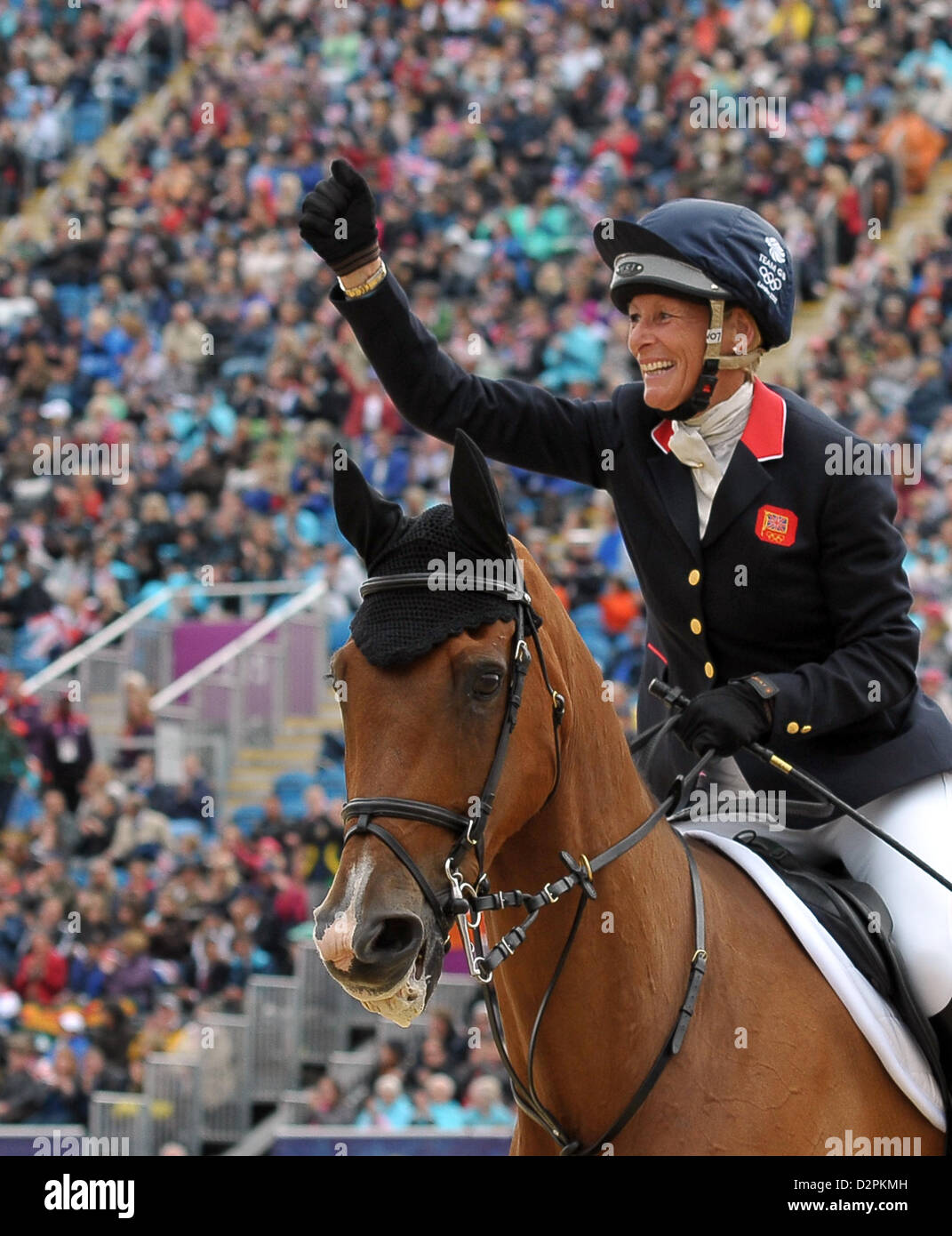 Mary King (GBR) punches the air in celebration. Equestrian Eventing ...