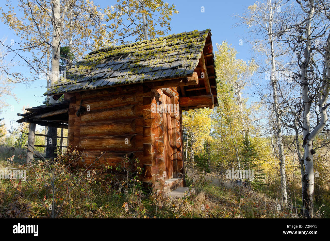 Log outhouse, 83 Mile House, Cariboo region, British Columbia, Canada ...