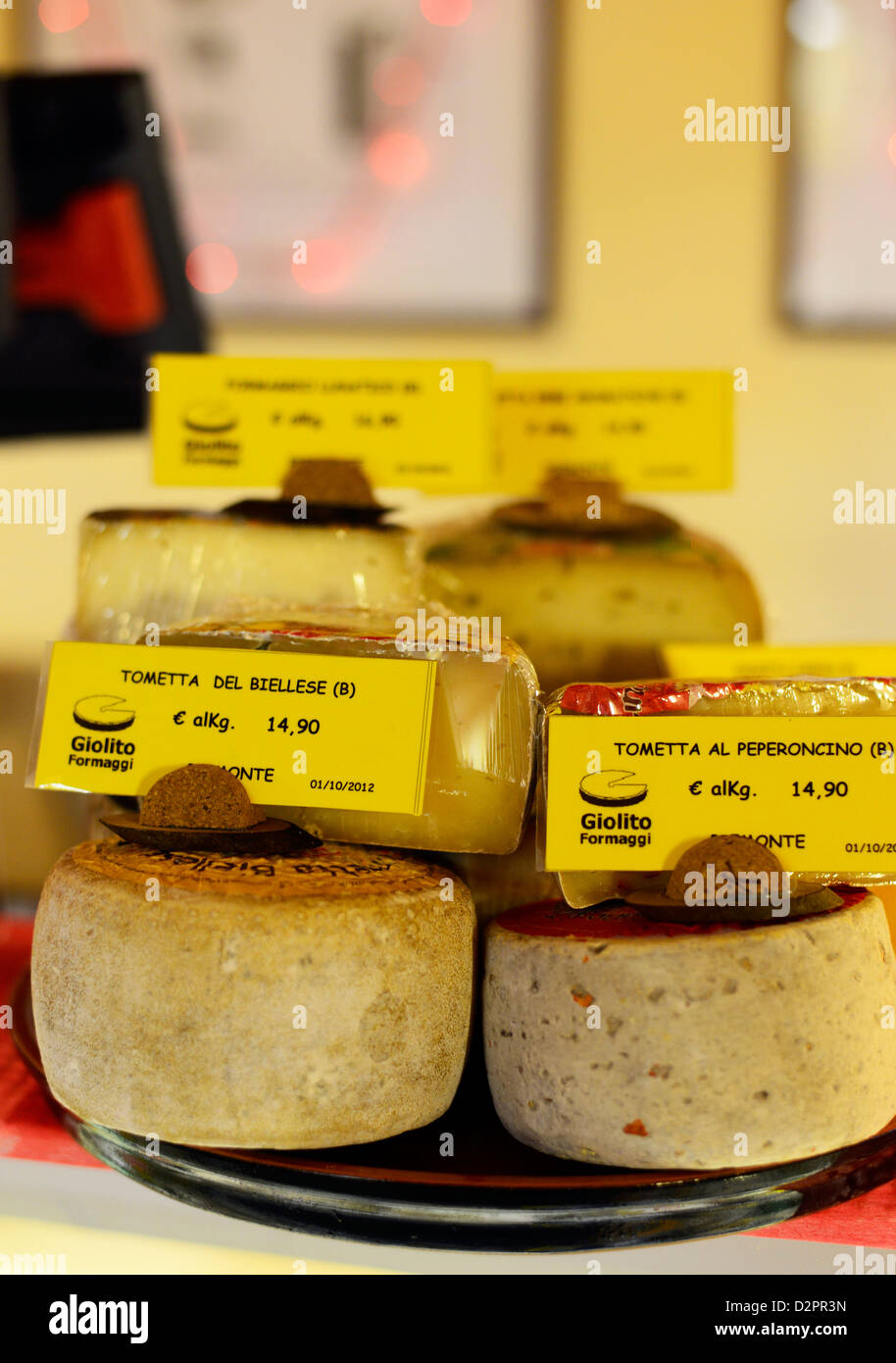 Tasty Italian cheese sold in Giolito cheese shop in Bra, Piedmont Stock ...
