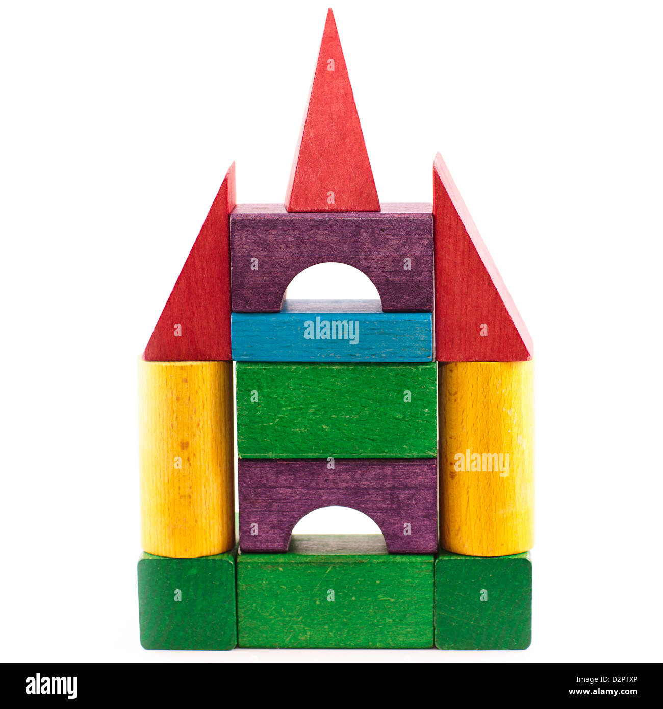 Toy wooden house from coloured blockes isolated on white background ...