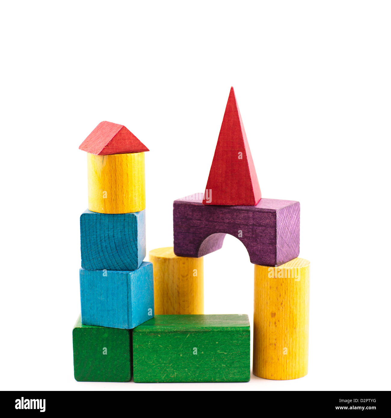 Toy wooden house from coloured blockes isolated on white background ...
