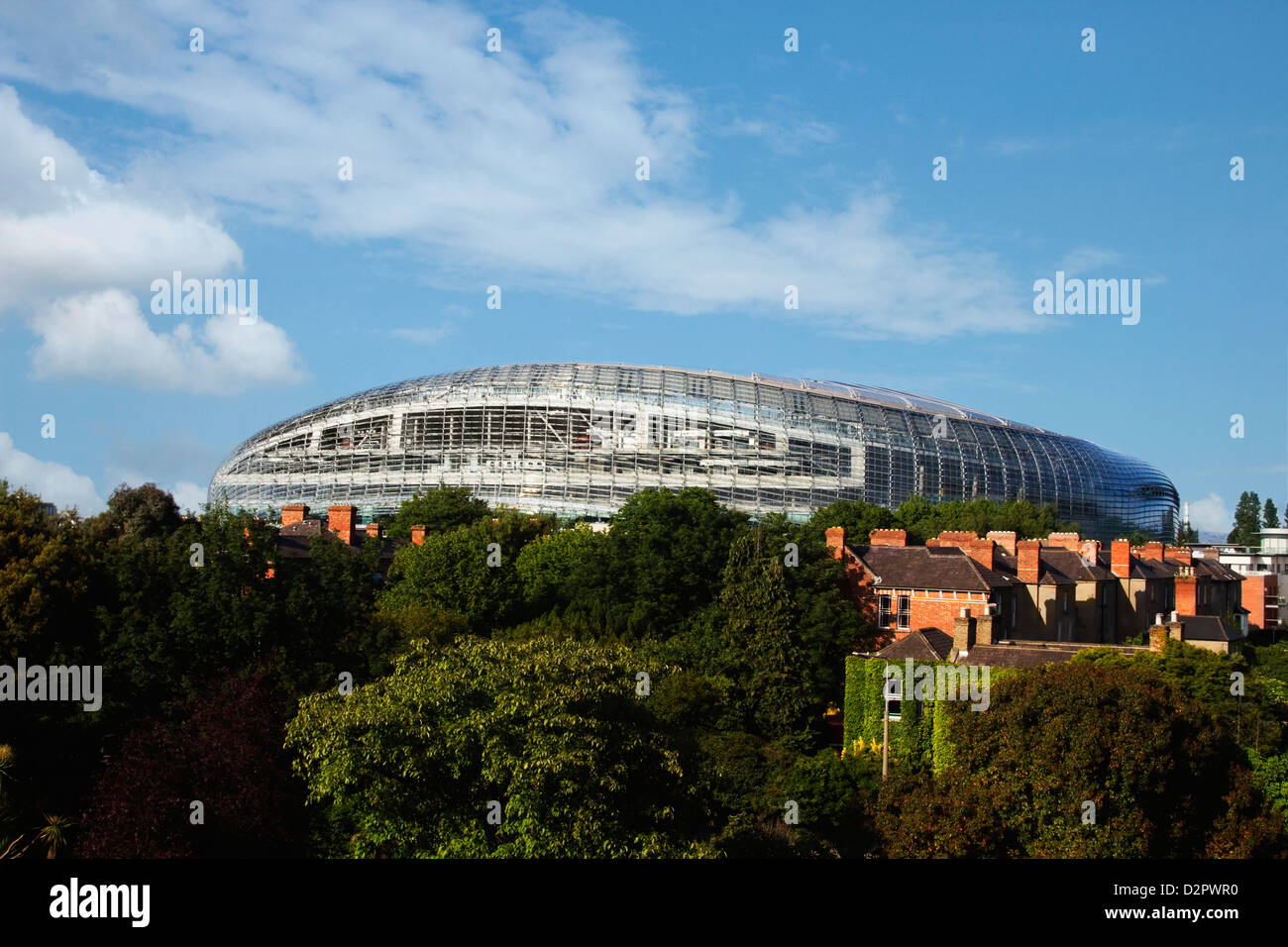 Trees in front of a stadium, Aviva Stadium, Dublin, Republic of Ireland ...